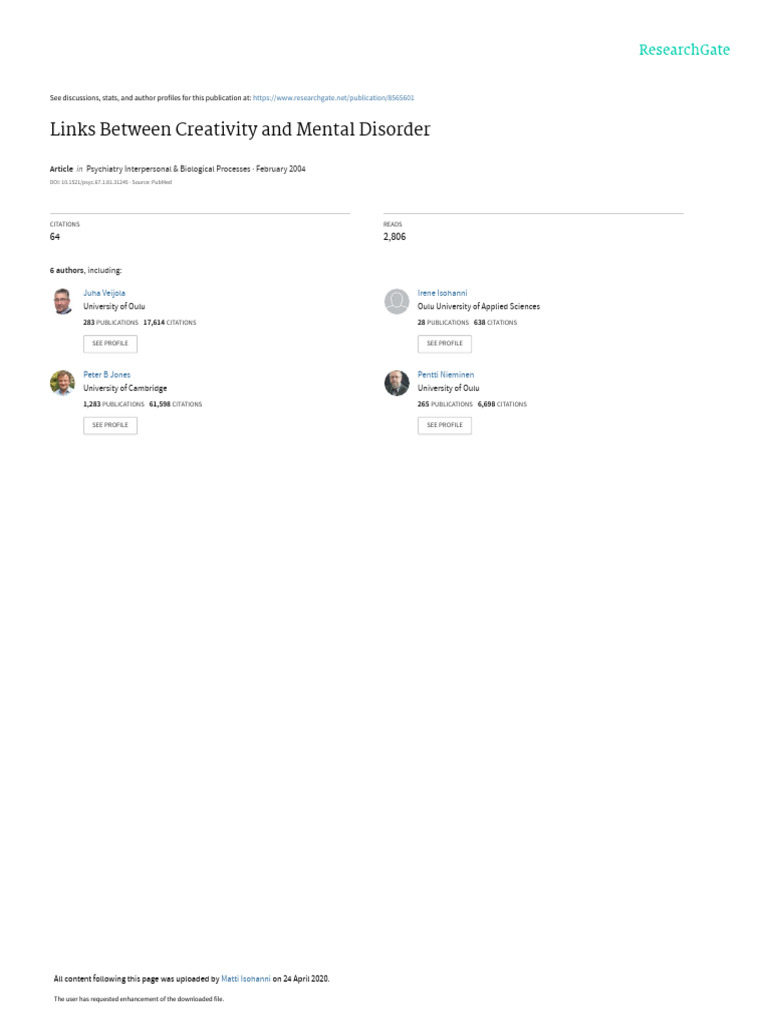 Links Between Creativity and Mental Disorder | PDF | Mental Disorder | Schizophrenia