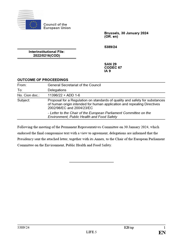 Standards of Quality and Safety For Substances of Human Origin Intended ...