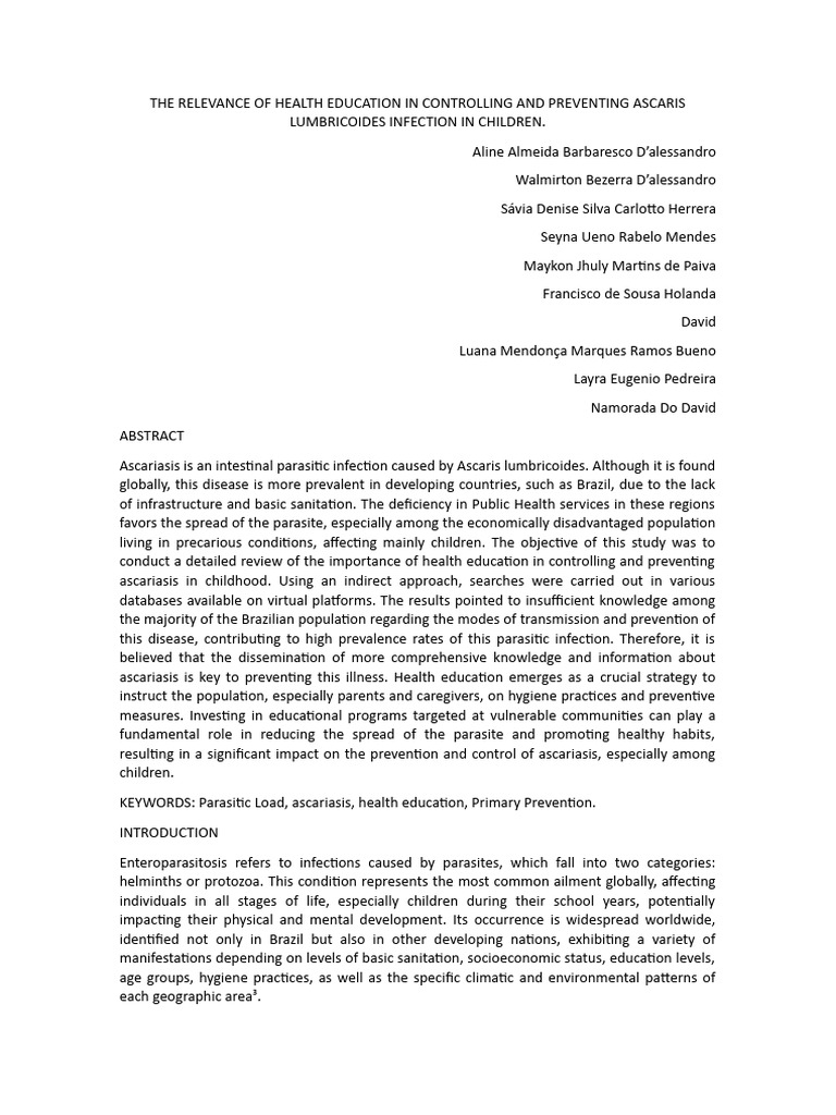 The Relevance of Health Education in Controlling and Preventing Ascaris Lumbricoides Infection ...
