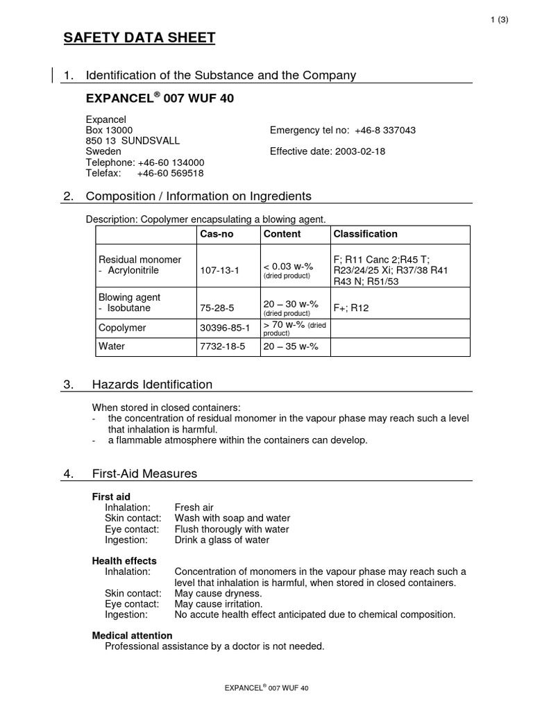 MicroBalloons 007 WUF 40 SDS | PDF | Toxicity | Water