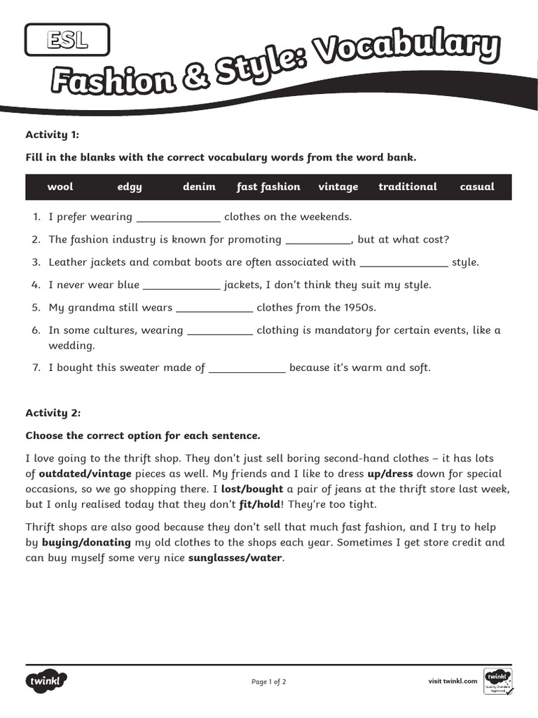 T 1683729232b Worksheet Fashion Style Worksheet Teens b1 b2 Eco Black ...