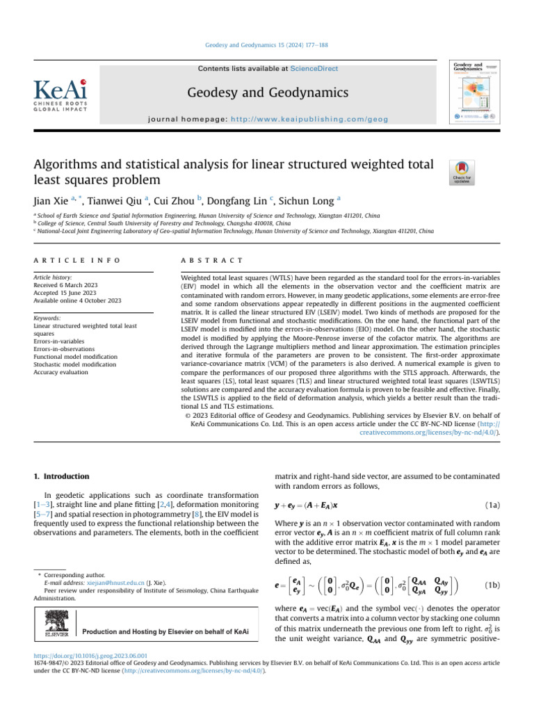 Algorithms and Statistical Analysis For Linear Structured 2024 Geodesy and G | PDF | Least ...