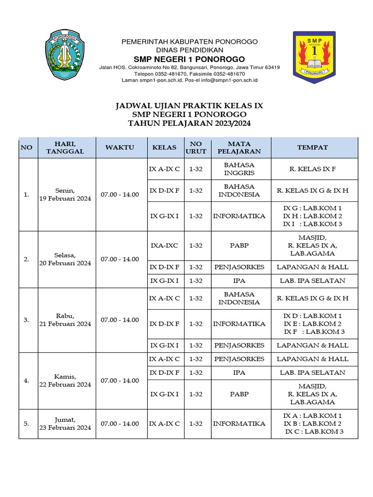 Jadwal Ujian Praktik Kelas Ix Tp. 2023-2024 | PDF
