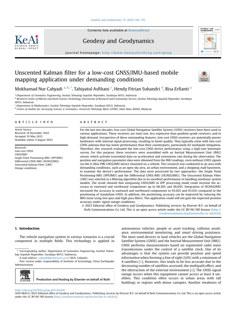 Unscented Kalman Filter For A Low Cost GNSS IMU Based Mobi 2024 Geodesy and | PDF | Kalman ...