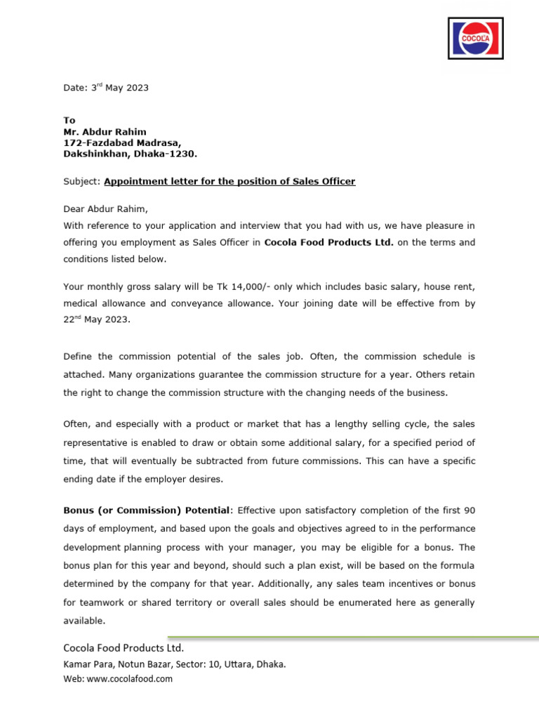 Sales Officer Appointment Offer | PDF