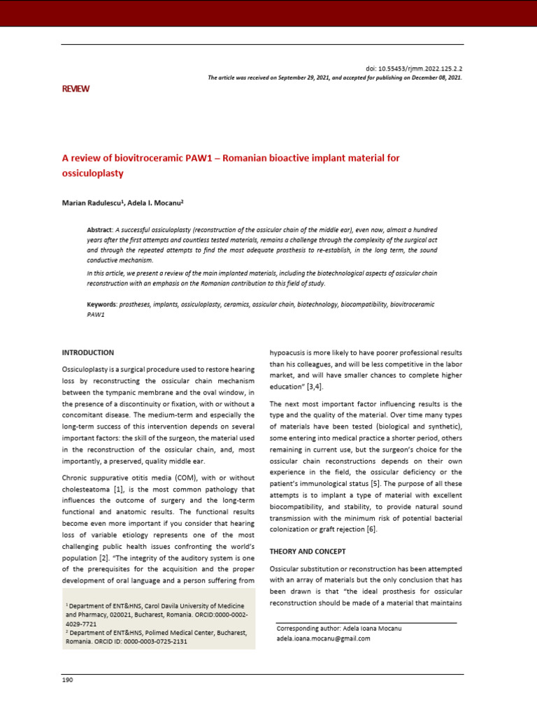 A Review of Biovitroceramic PAW1 - Romanian Bioactive Implant Material For Ossiculoplasty | PDF ...