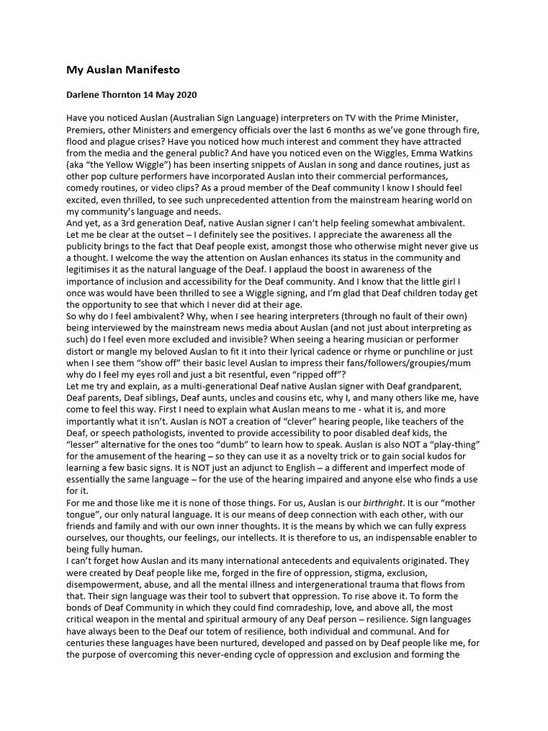 Darlene's Auslan Manifesto in English Version | PDF | Human Communication