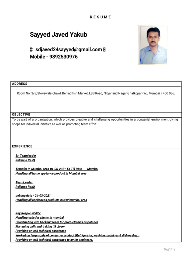 Sayed - Javed Update Resume Words New 21,2020 (1) (Copy) | Download Free PDF | Home Appliance ...