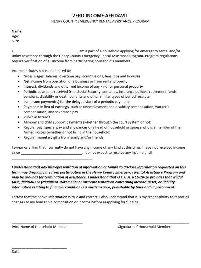 ZERO INCOME AFFIDAVIT - Updated | PDF | Income | Social Security ...