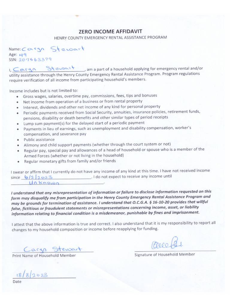 Zero Income Avidavit | PDF