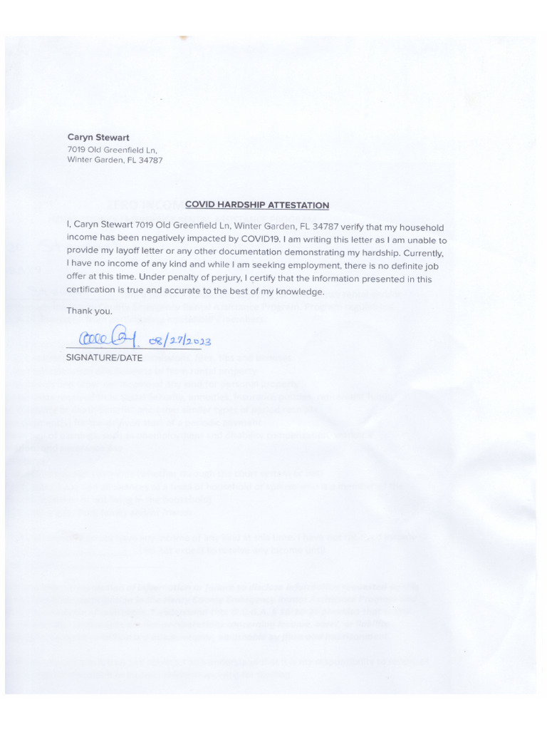 Caryn Stewart Covid Hardship Attestation | PDF