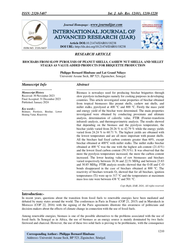 BIOCHARS FROM SLOW PYROLYSIS OF PEANUT SHELLS, CASHEW NUT SHELLS, AND ...
