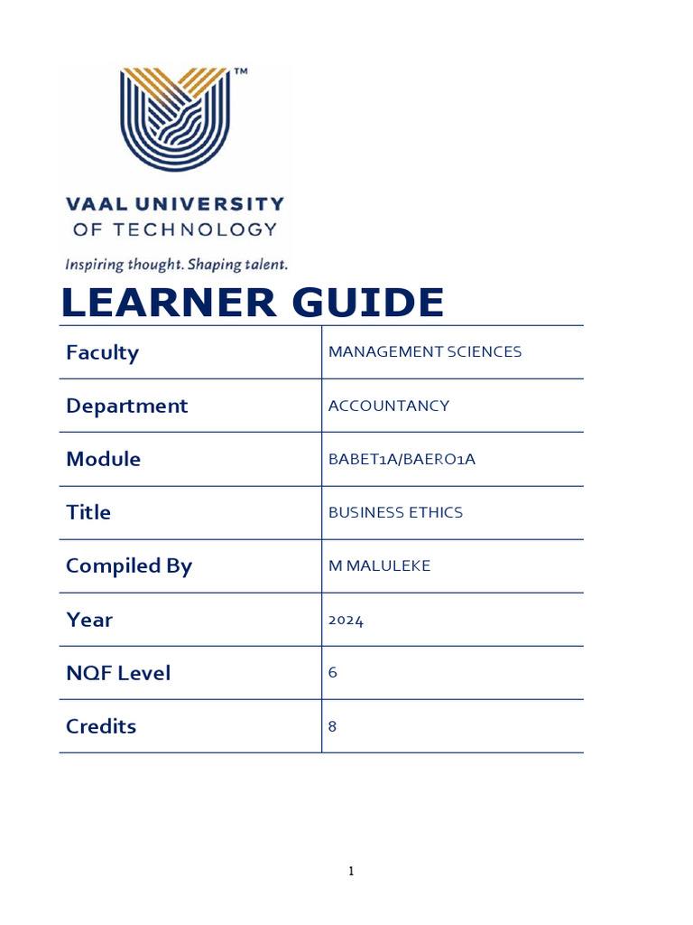 BAERO1A and BABET1A Business Ethics Study guide 2024 | PDF | Morality ...