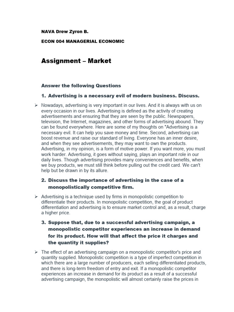 NAVA Drew Zyron B.Assignment - Market | PDF | Monopoly | Advertising