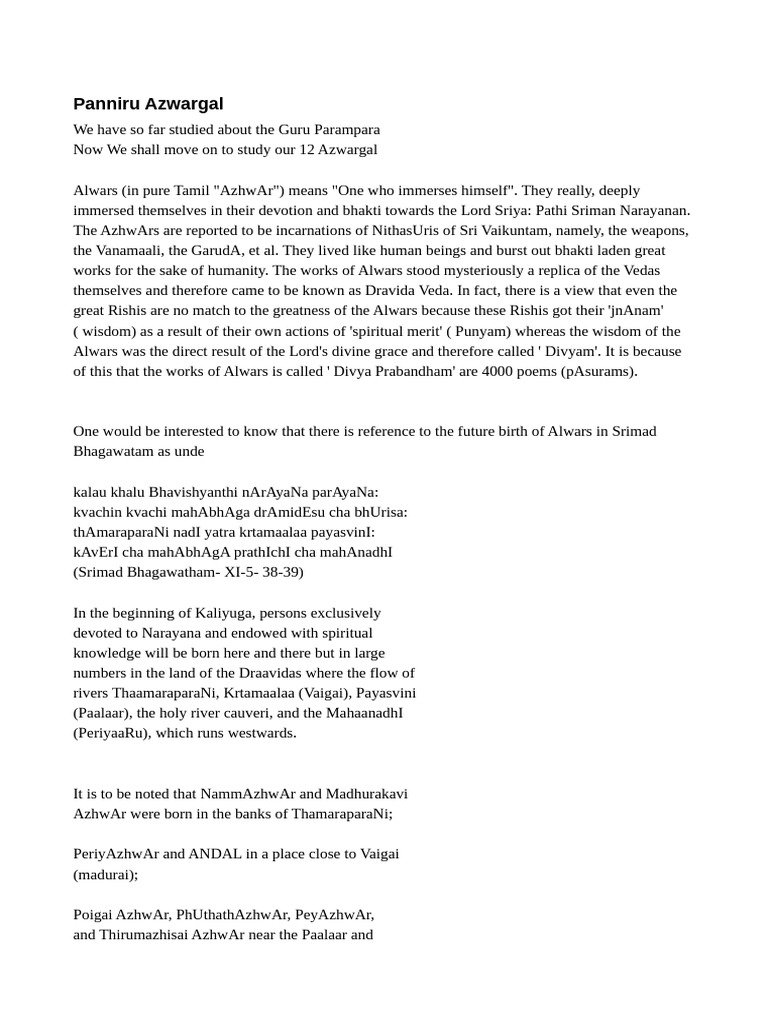 Overview of the 12 Alwars | PDF | Indian Philosophy | Indian Religions