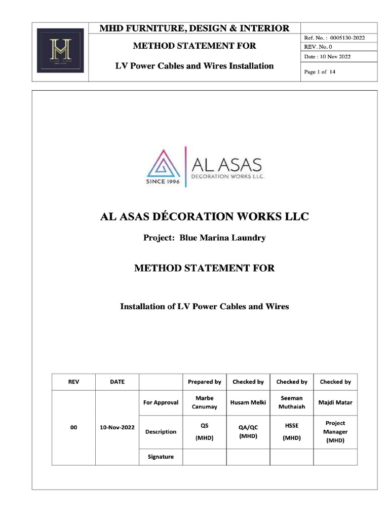 Method Statement For Installation of LV Power Cables and Wires | PDF