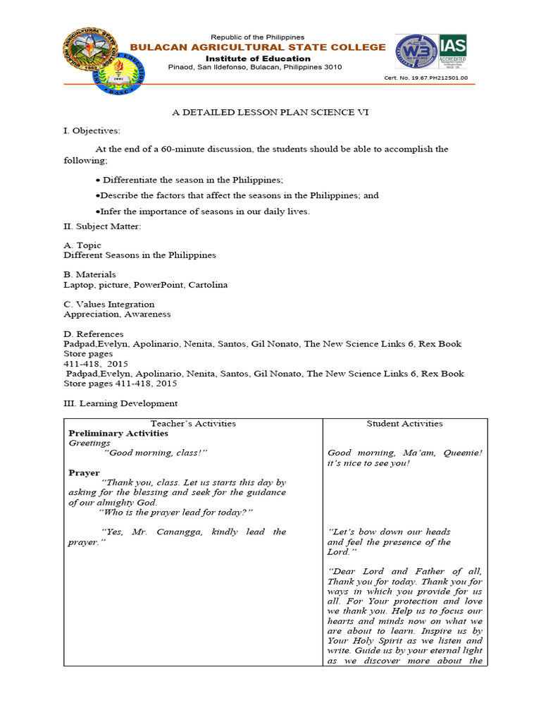 A Detailed Lesson Plan Science 3 | PDF | Monsoon | Rain