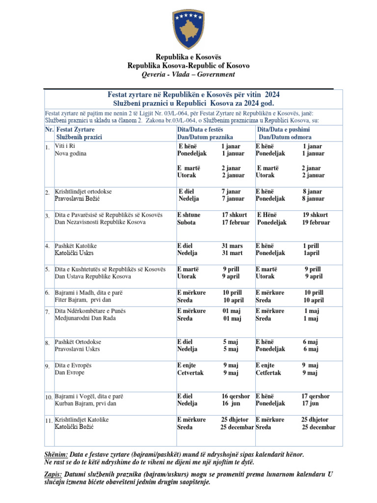Kalendari Festave Zyrtare - 2024 | PDF