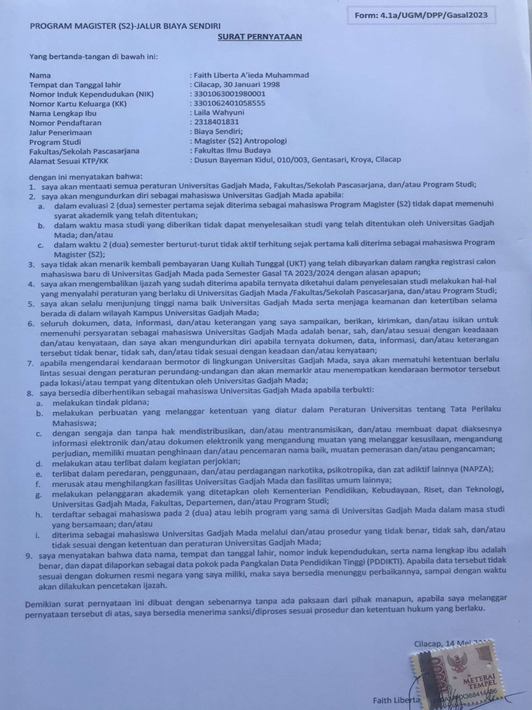 Surat Pernyataan UGM | PDF