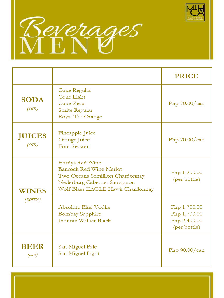 Beverage Price List | PDF | Cooking, Food & Wine