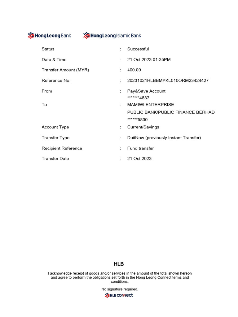 Successful DuitNow Transfer Receipt | PDF