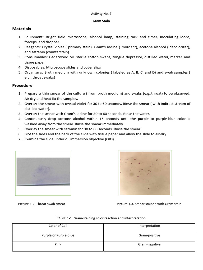 Gram Staining Procedure and Materials | PDF | Staining | Cytopathology