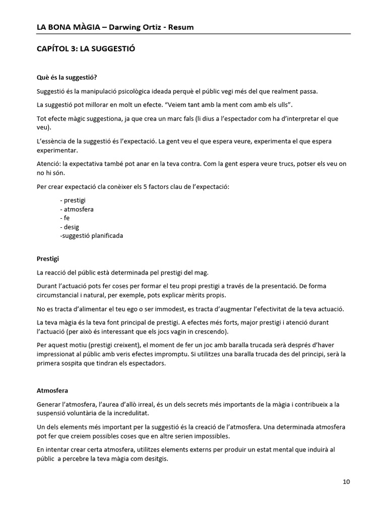 La Bona Màgia - Darwin Ortiz - Resum - 03 Suggestió | PDF