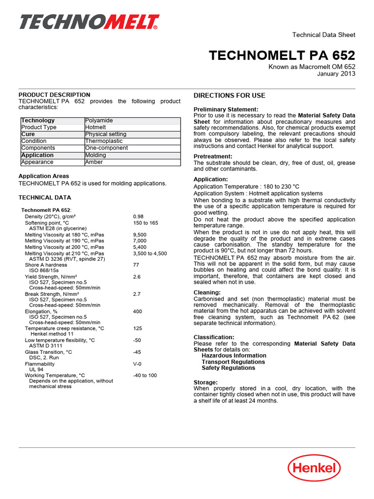 Technomelt® PA652 Polyamide Amber TDS | PDF | Trademark | Product Liability