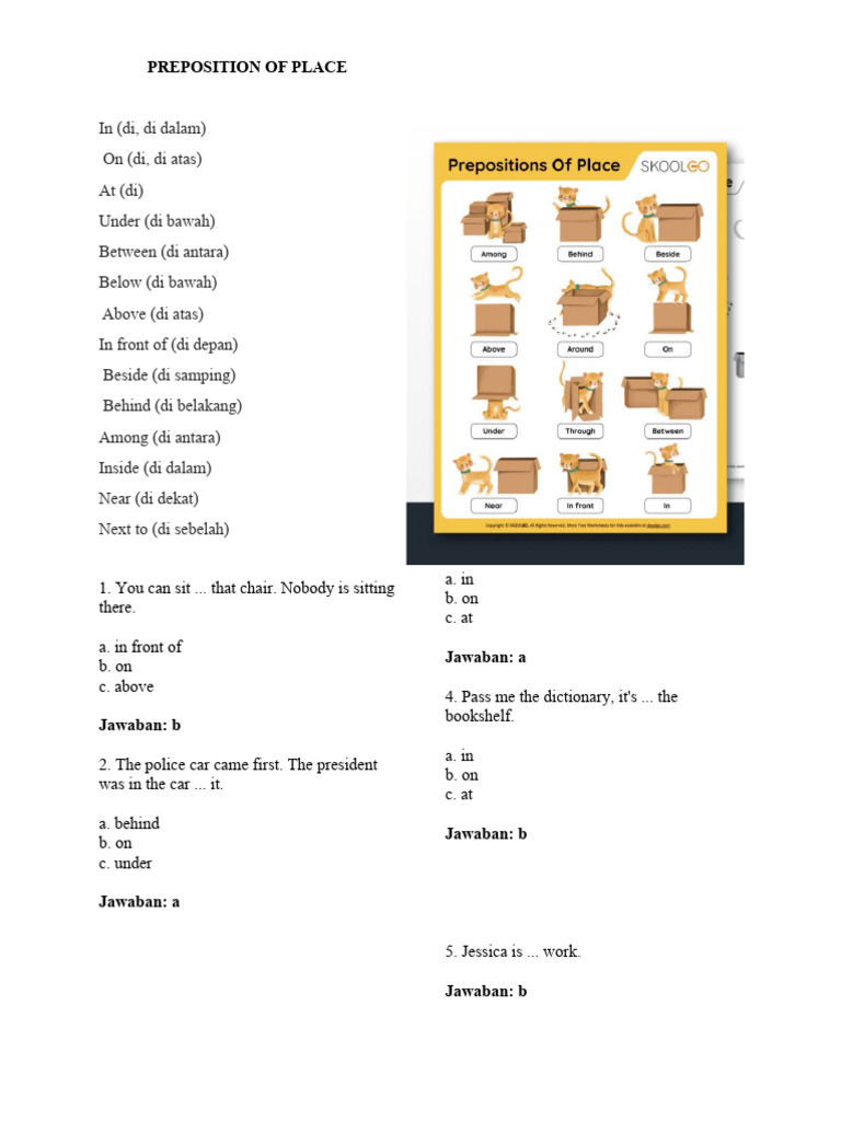 Prepositions of Place Quiz | PDF | Language Arts & Discipline