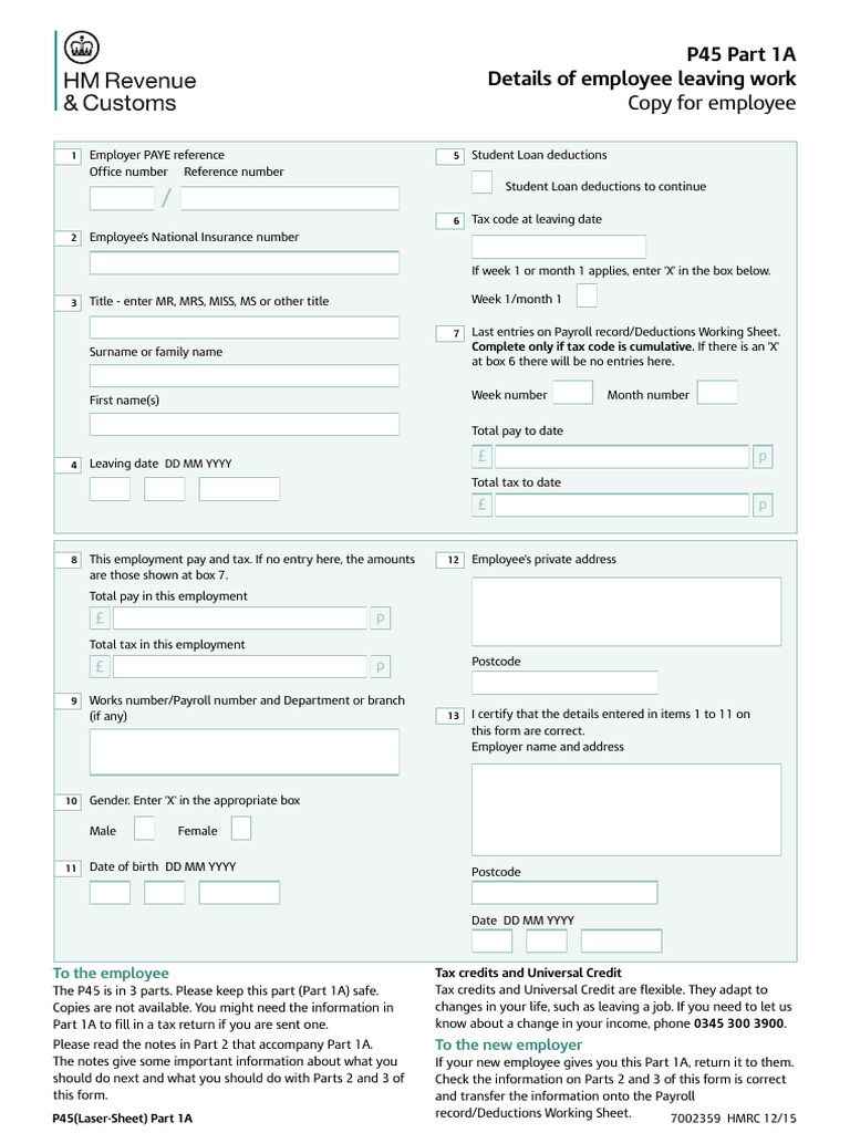 P45 - HM R&C | PDF | Payroll Tax | Taxes
