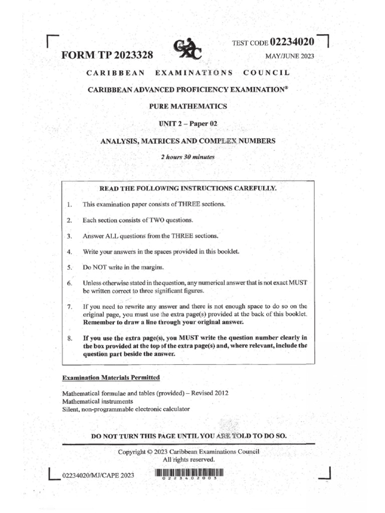 CAPE Pure Mathematics 2023 U2 P2 | PDF