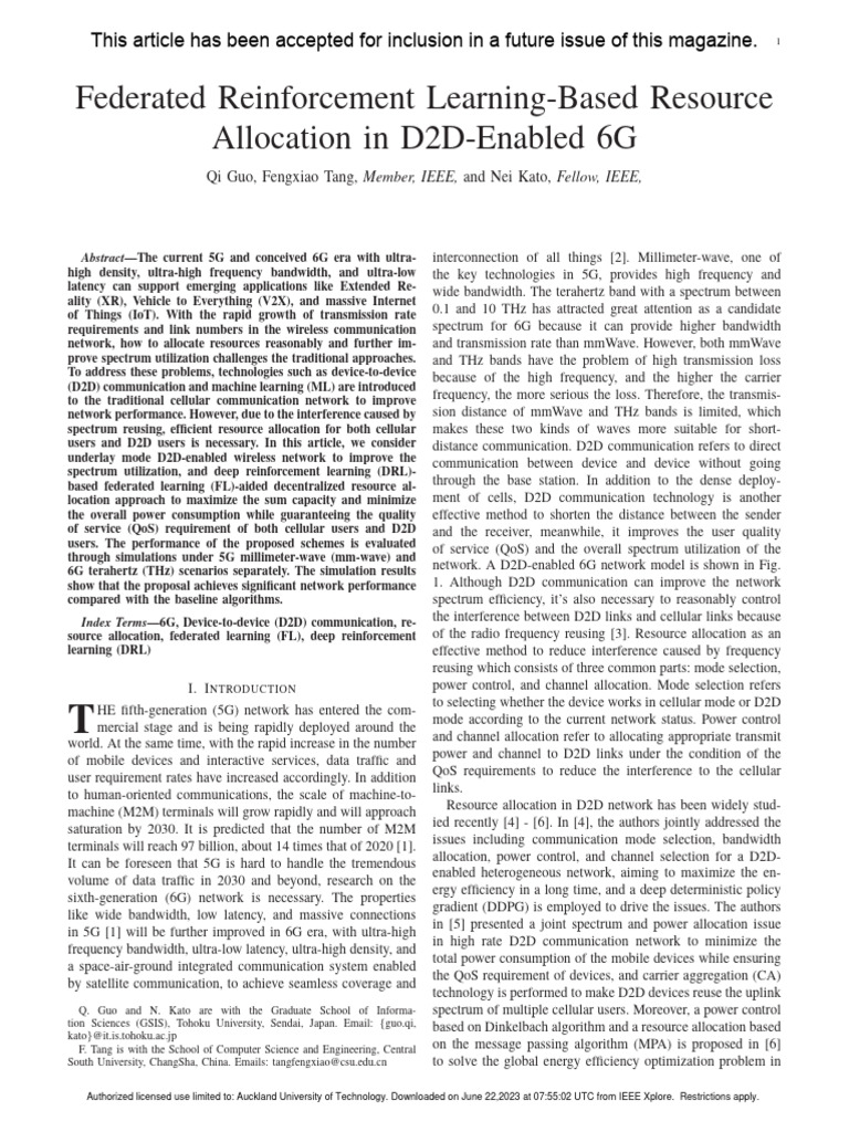 Federated Reinforcement Learning-Based Resource Allocation in D2D-Enabled 6G | PDF | Computer ...