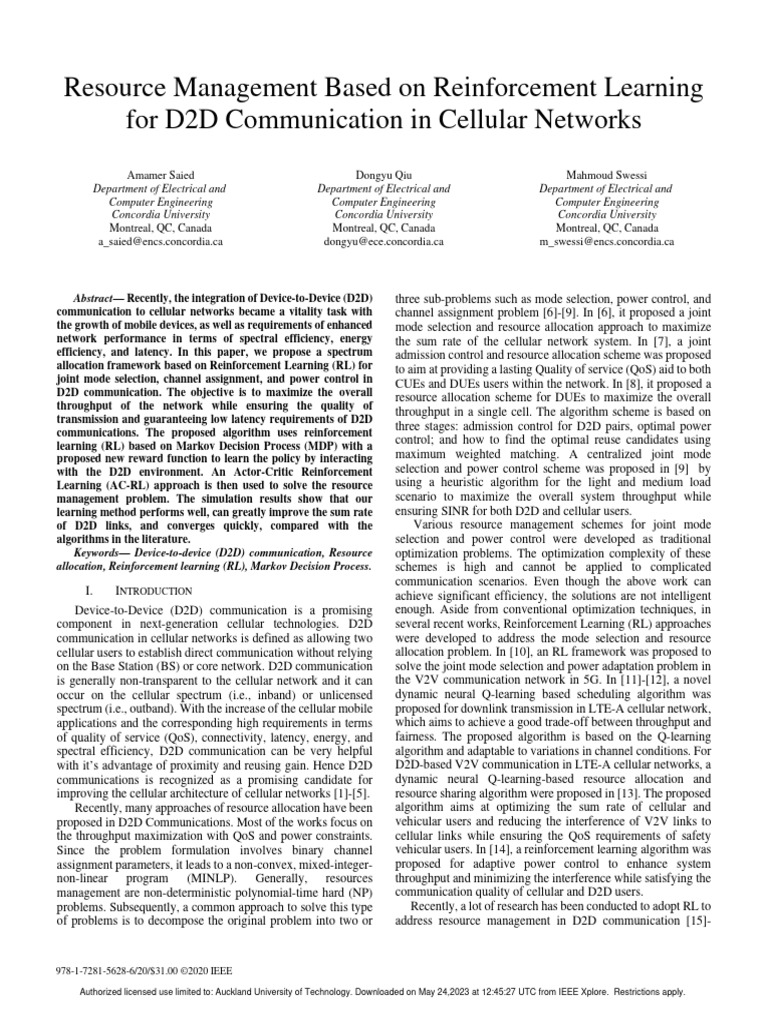 Resource Management Based On Reinforcement Learning For D2D ...