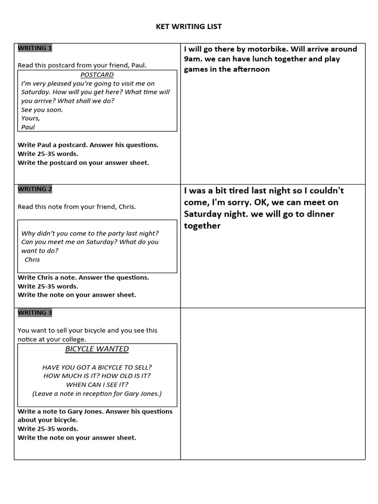 Ket Writing List | PDF