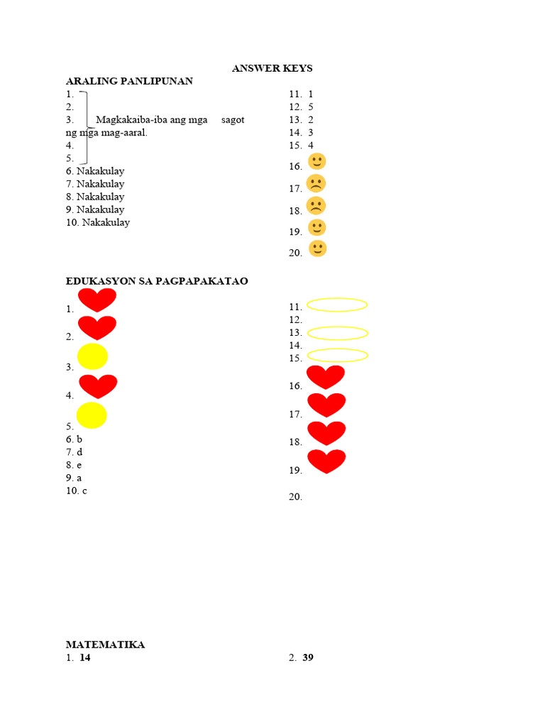 Grade 1 Q1 Answer Keys | PDF