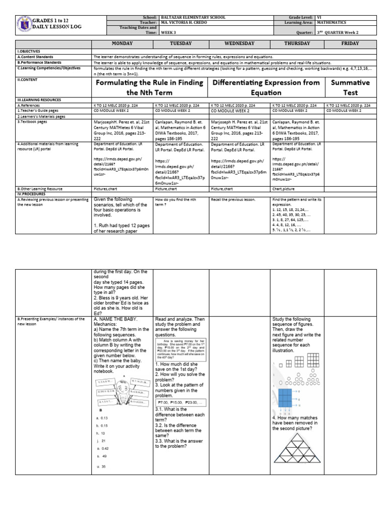 DLL - Mathematics 6 - Q3 - W2 Mvcredo | PDF | Numbers | Sequence