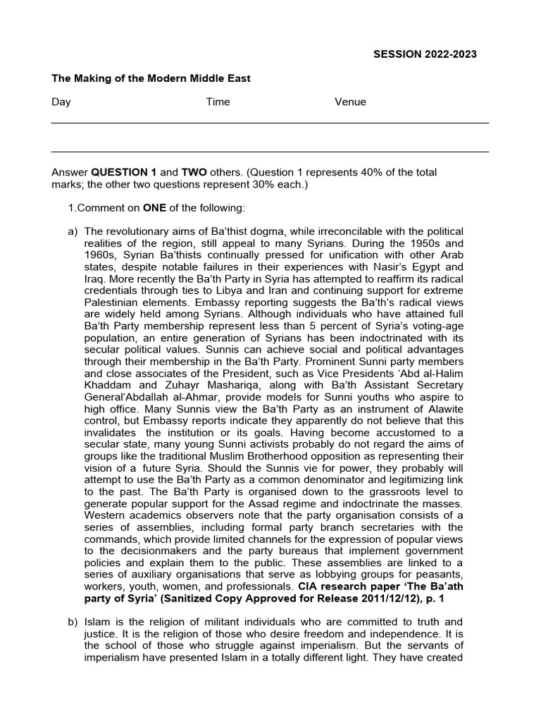 HI307b Exam Paper | Download Free PDF | Ba'ath Party | Syria