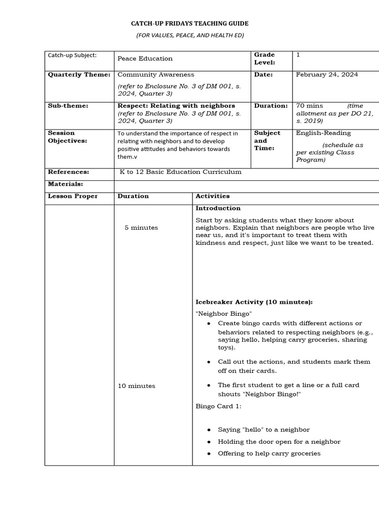 GRADE1-peace and Val Ed Catch-Up Plan | PDF