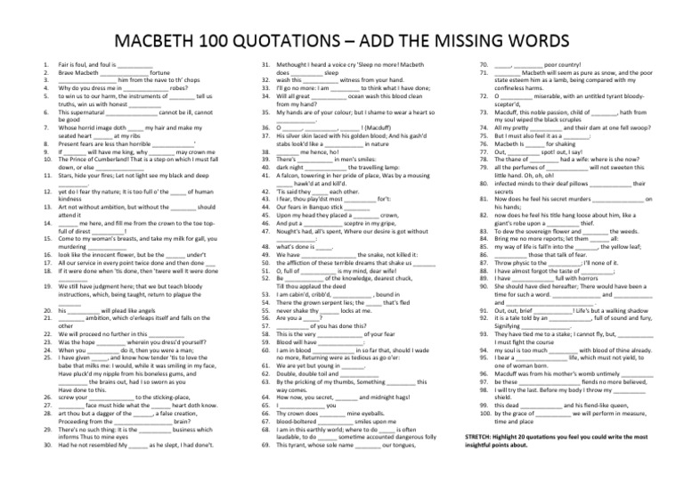 Macbeth Top 100 Quotations Missing Words | PDF | Macbeth