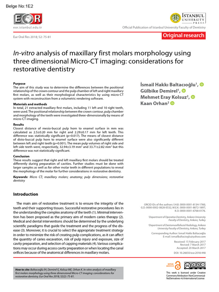 In-Vitro Analysis of Maxillary First Molars Morphology Using Three ...