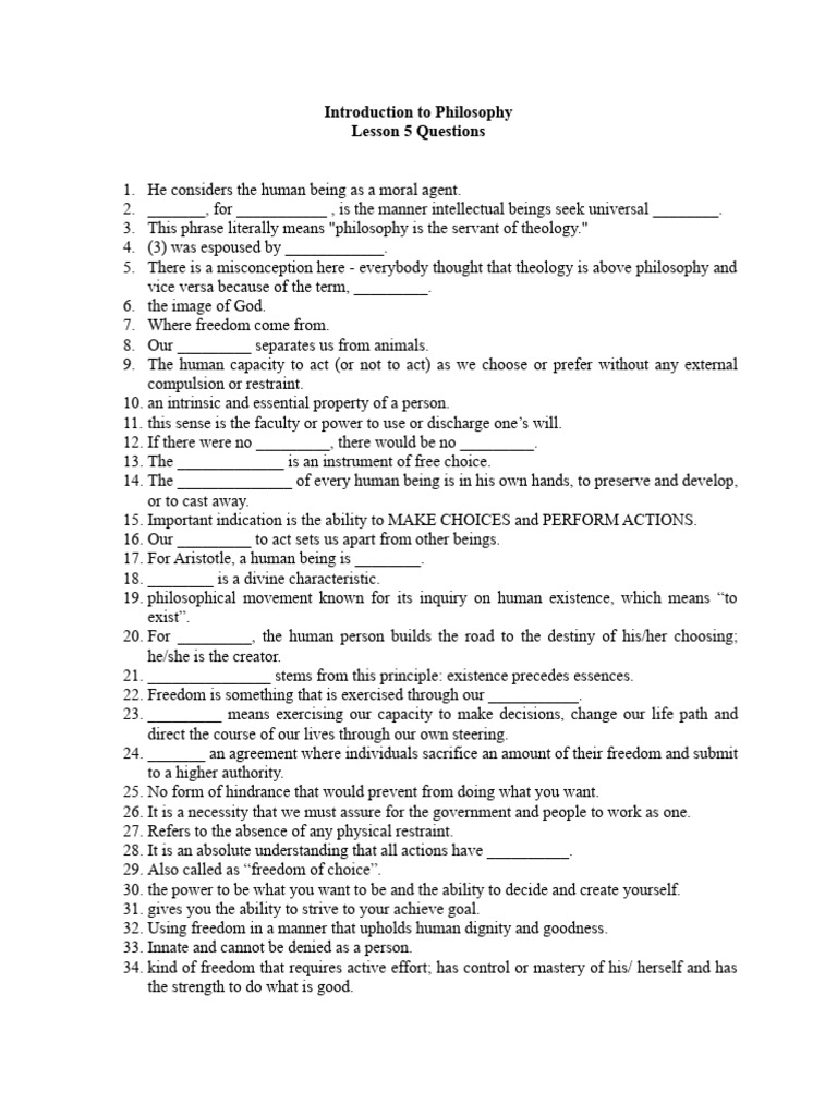 Philo - Lesson 5 Questions | PDF | Free Will | Philosophical Theories