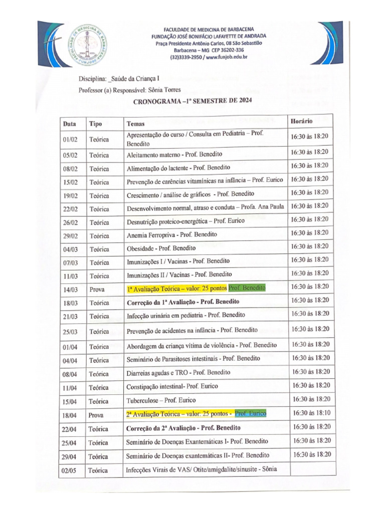 Cronograma Saúde Da Crianca 1 | PDF