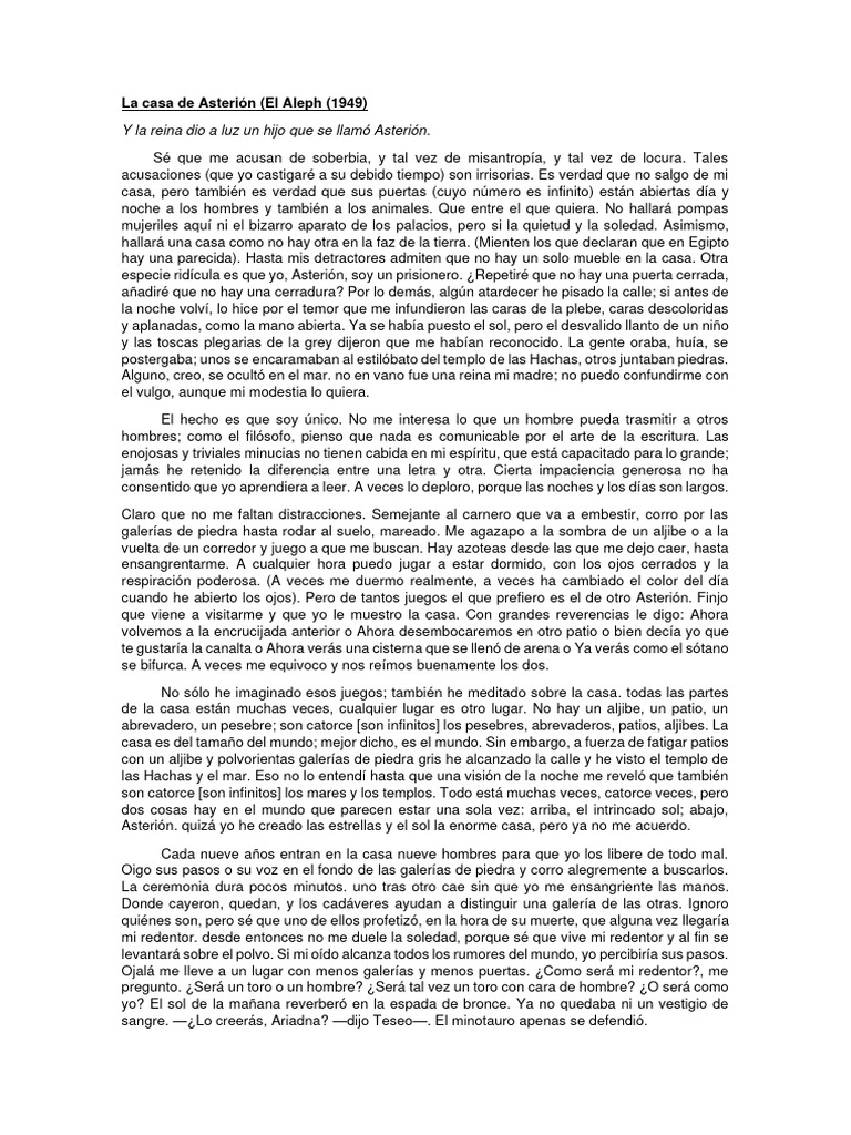 La Casa de Asterión Jorge Luis Borges | PDF | Minotauro | Teseo