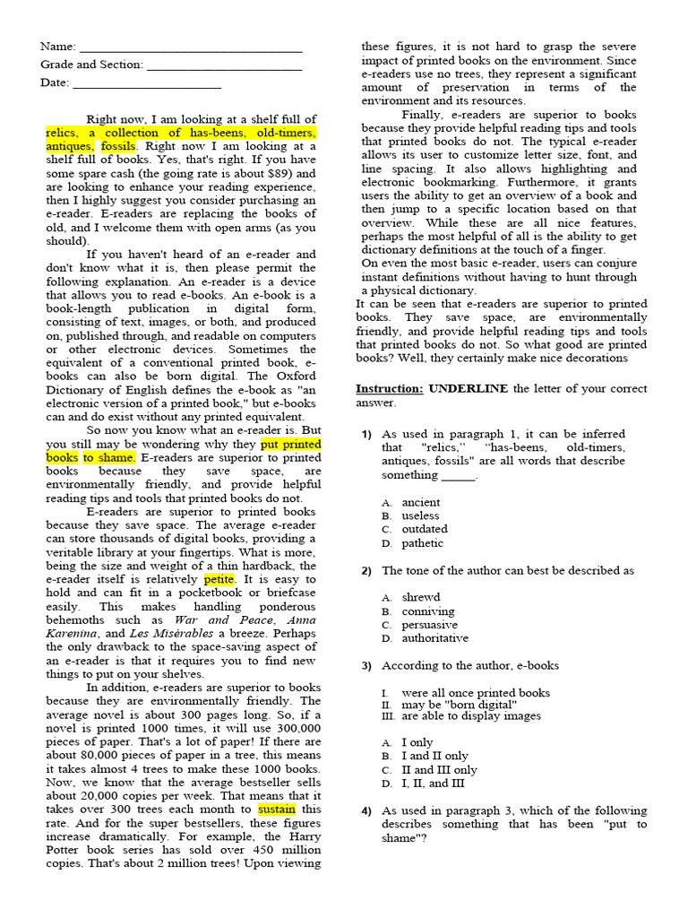 Reading Passage | PDF | E Reader | Books