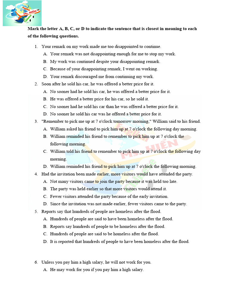 Mark The Letter A, B, C, or D To Indicate The Sentence That Is Closest in Meaning To Each of The ...