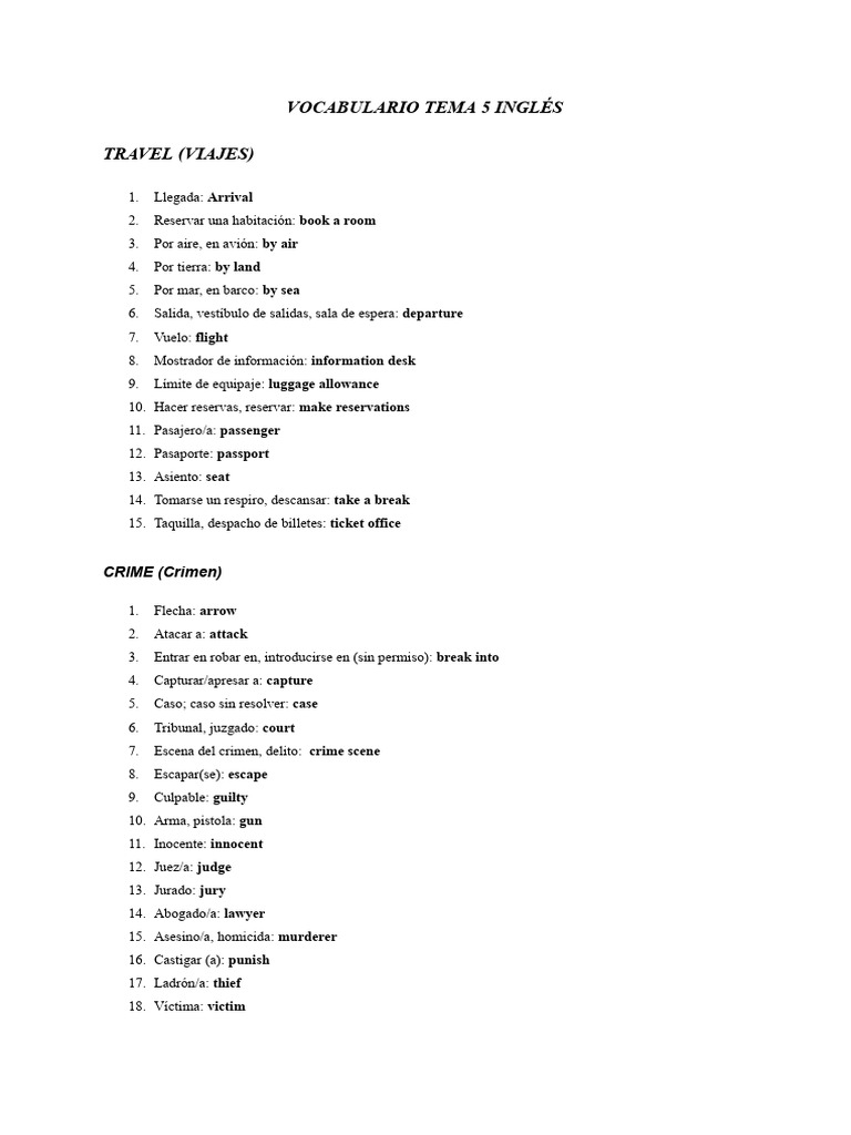 Vocabulario Tema 5 Inglés | PDF