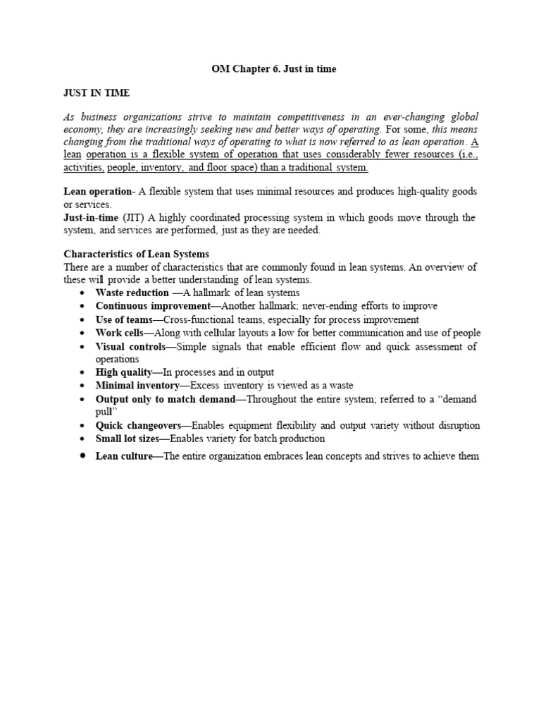 OM Chapter 6. Just in Time | PDF | Lean Manufacturing | Inventory