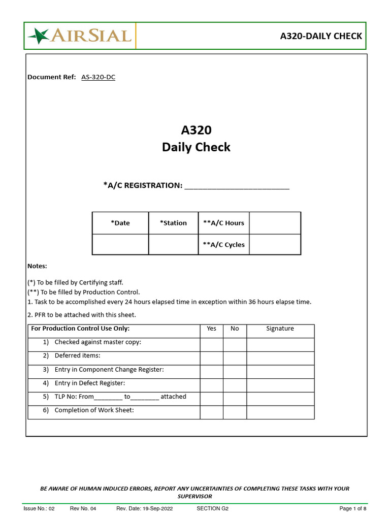 Daily Check A320 (Issue 02 Rev 04) | PDF | Vehicles | Aircraft