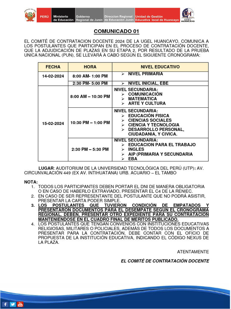 Comunicado Contrato Docente Adjudicacion Plazas Pun | PDF | Maestros