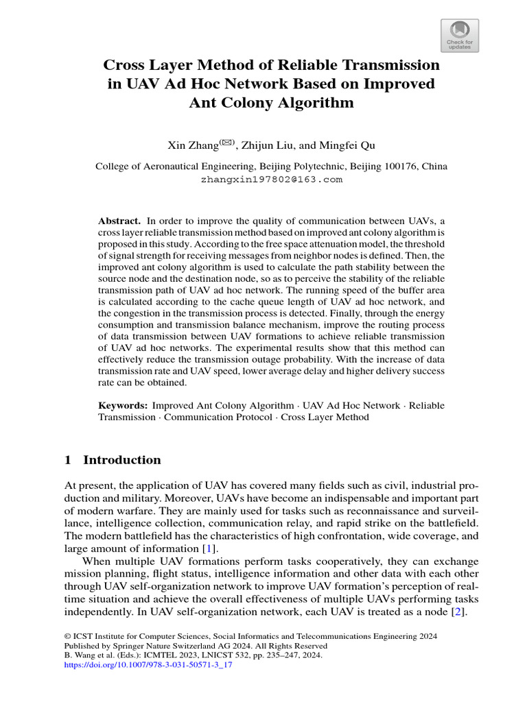 Cross Layer Method of Reliable Transmission in UAV Ad Hoc Network Based On Improved Ant Colony ...